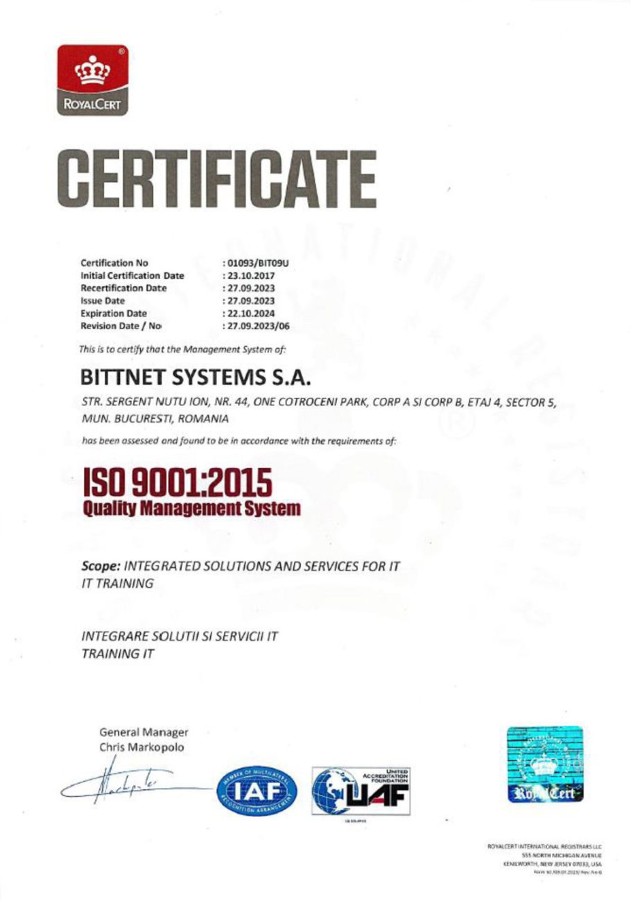 Certificarile ISO ale companiei Bittnet Training - Certificari calitate, mediu...